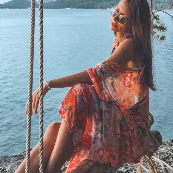 Dresses | New Boho Gypsy Floral Sheer Chiffon Kimono Robe Duster Red ...
